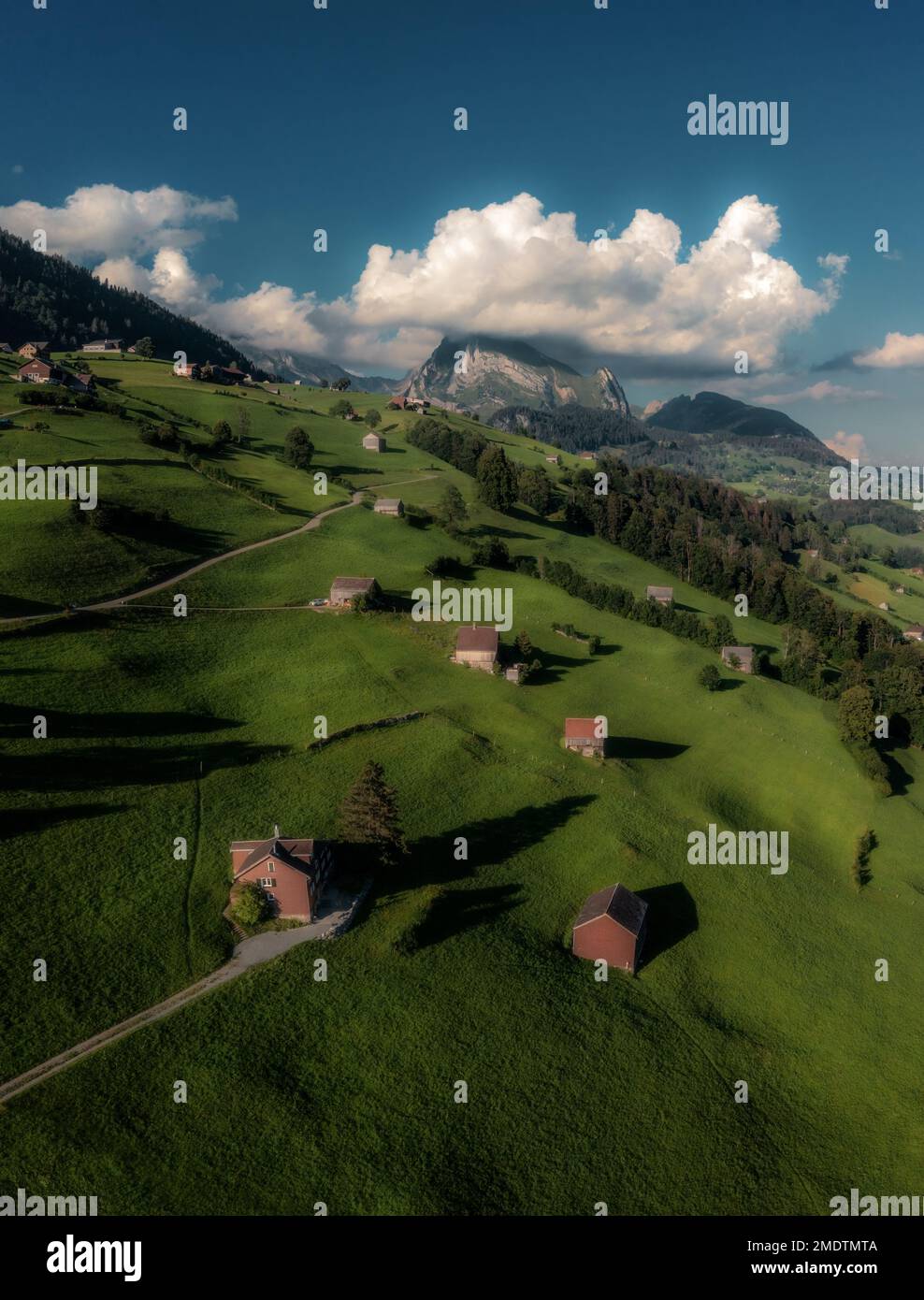 Swiss meadow fields with houses and mountains, in cloudy weather Stock ...