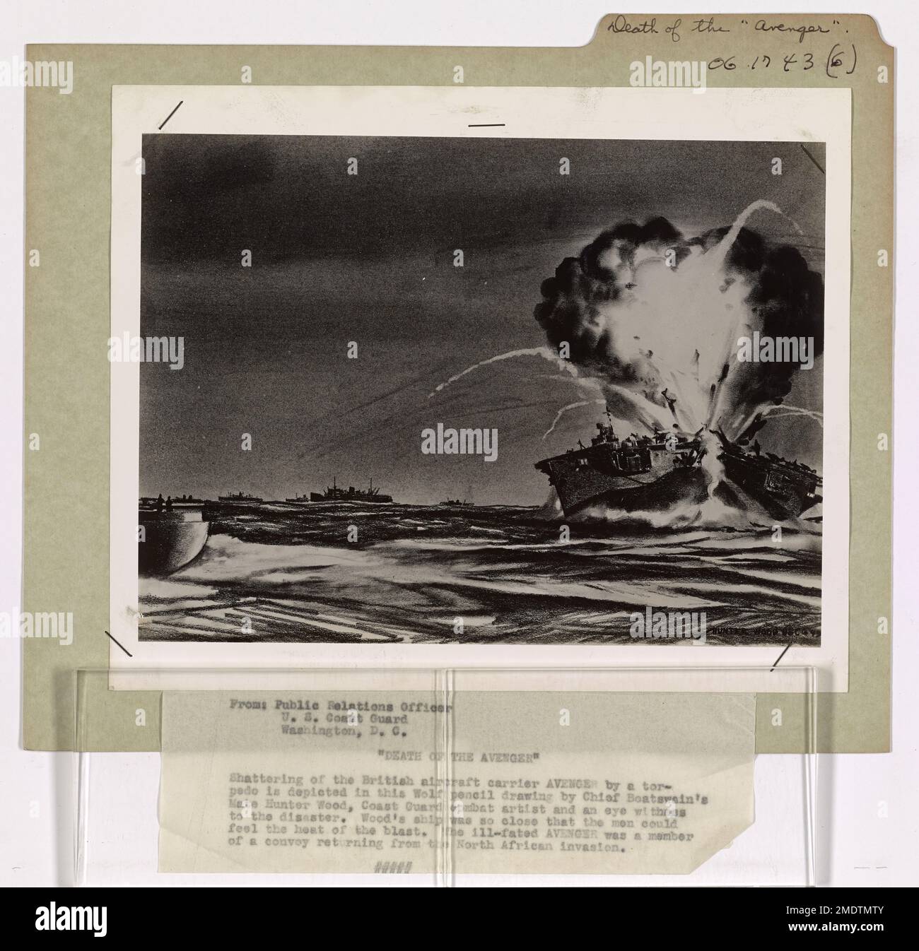 Artwork by Hunter Wood depicts the British aircraft carrier *Avenger ...