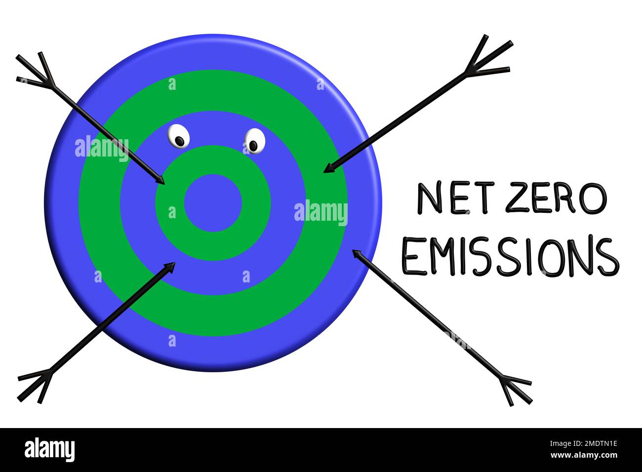 Net Zero Emissions 3d words and target board googly eyes and arrows ...