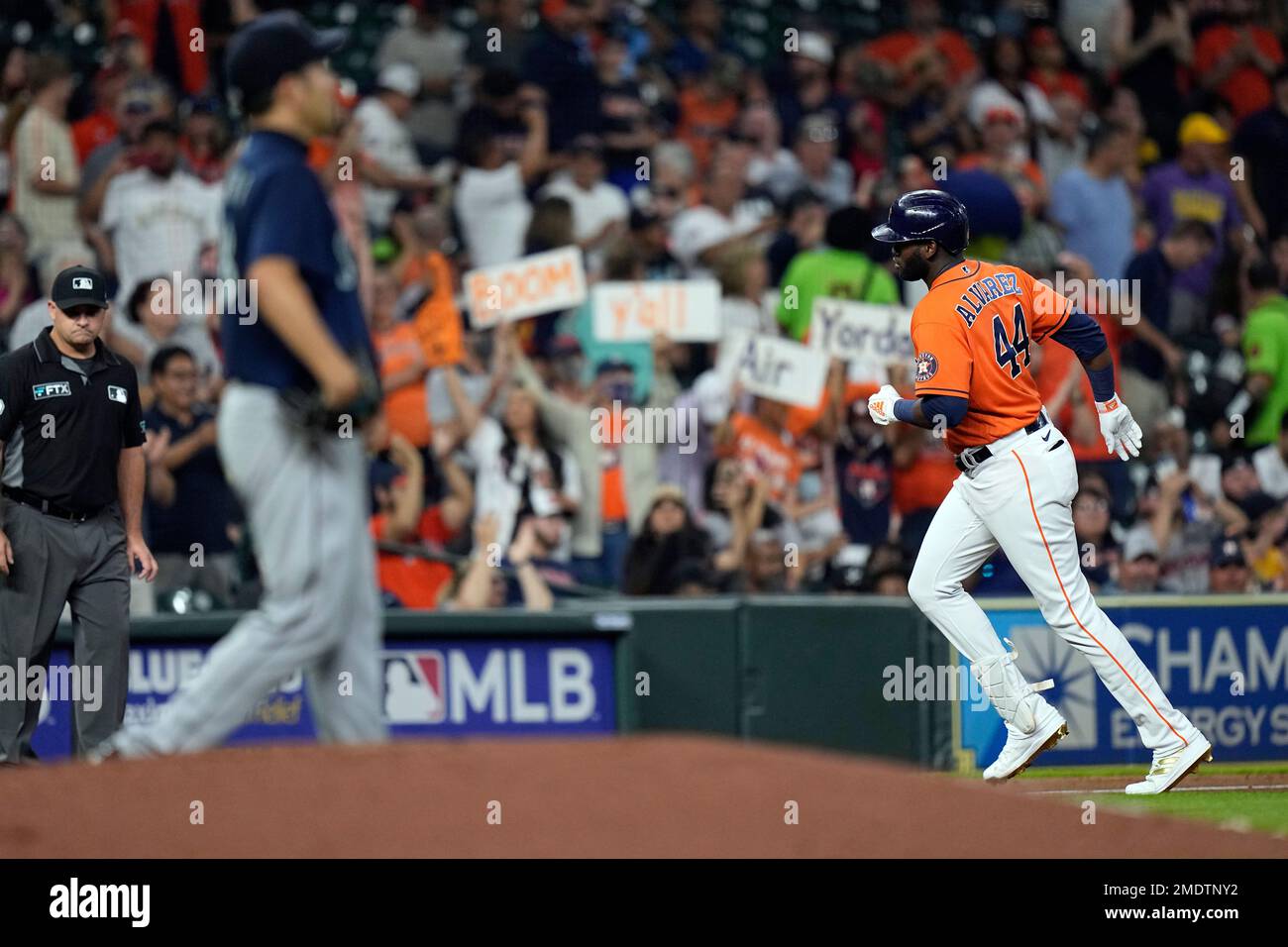 Houston Astros' Yordan Alvarez (44) runs the bases after hitting a two ...