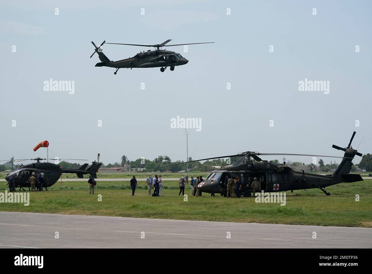 A U.S. Army MH-60 helicopter arrives at Port-au-Prince-Toussaint ...
