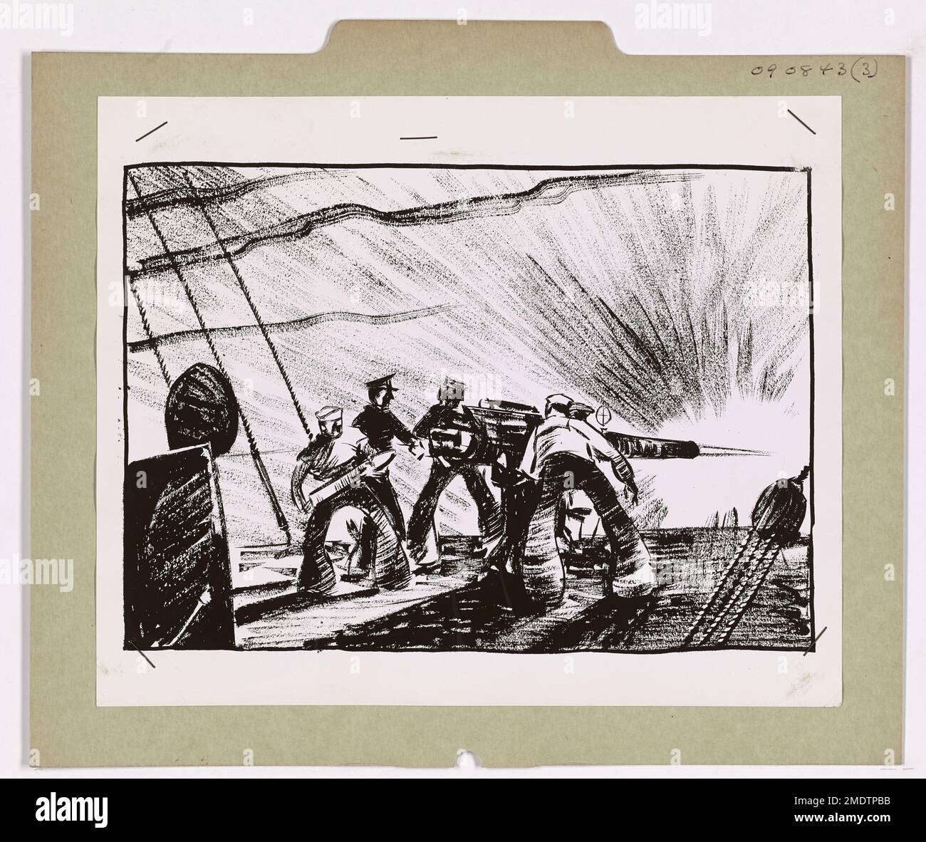 This image depicts an artwork of seamen firing from their ship during ...