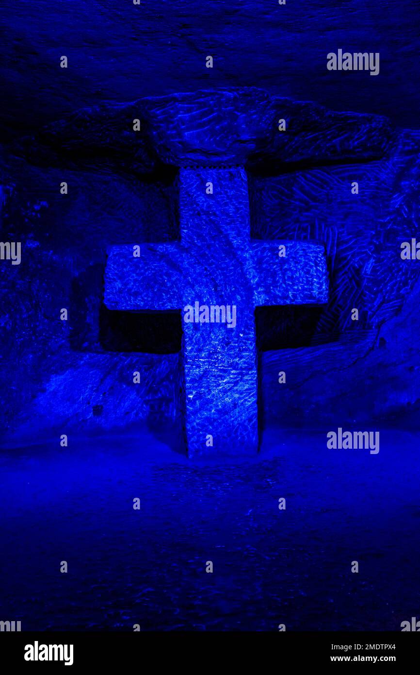 Salt Cathedral of Zipaquira in Colombia, colorfully illuminated cross ...