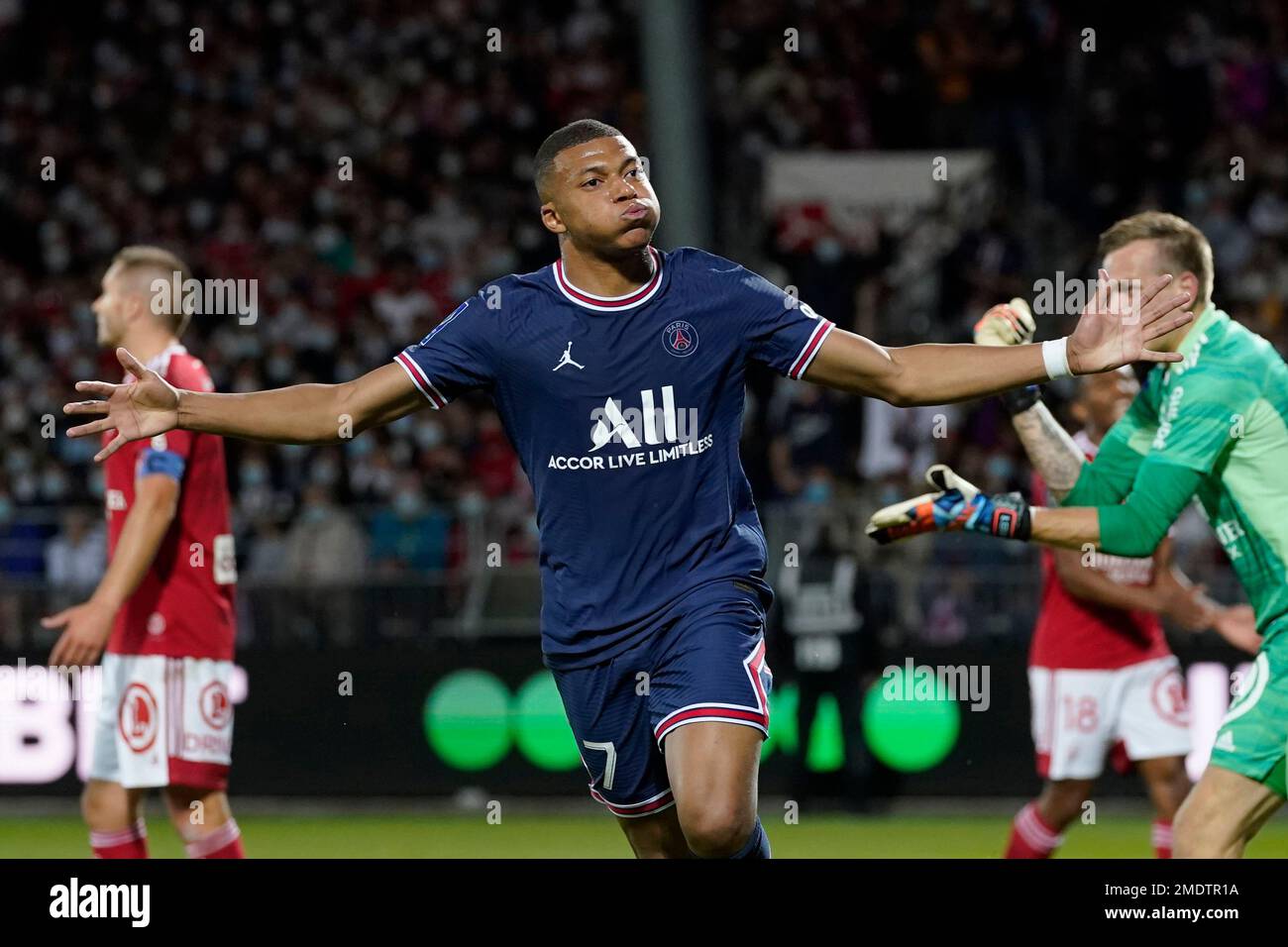 PSG's Kylian Mbappe celebrates after scoring his side's second goal ...