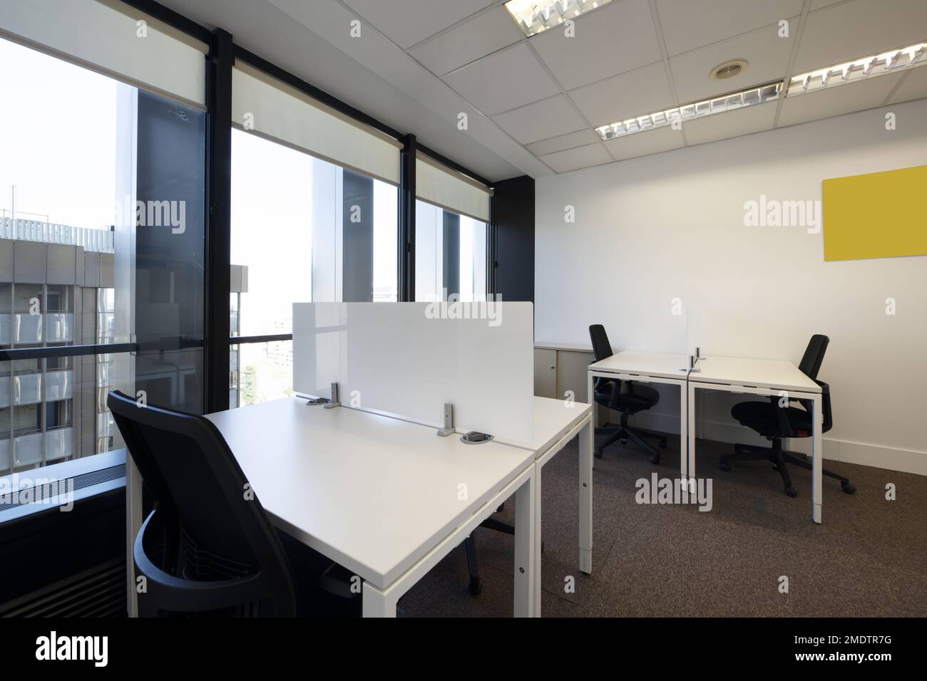 Office with double white wooden tables with white methacrylate dividers ...