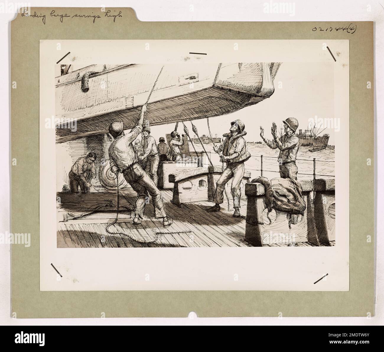 Coast Guardsmen work together to maneuver a landing barge into the ...