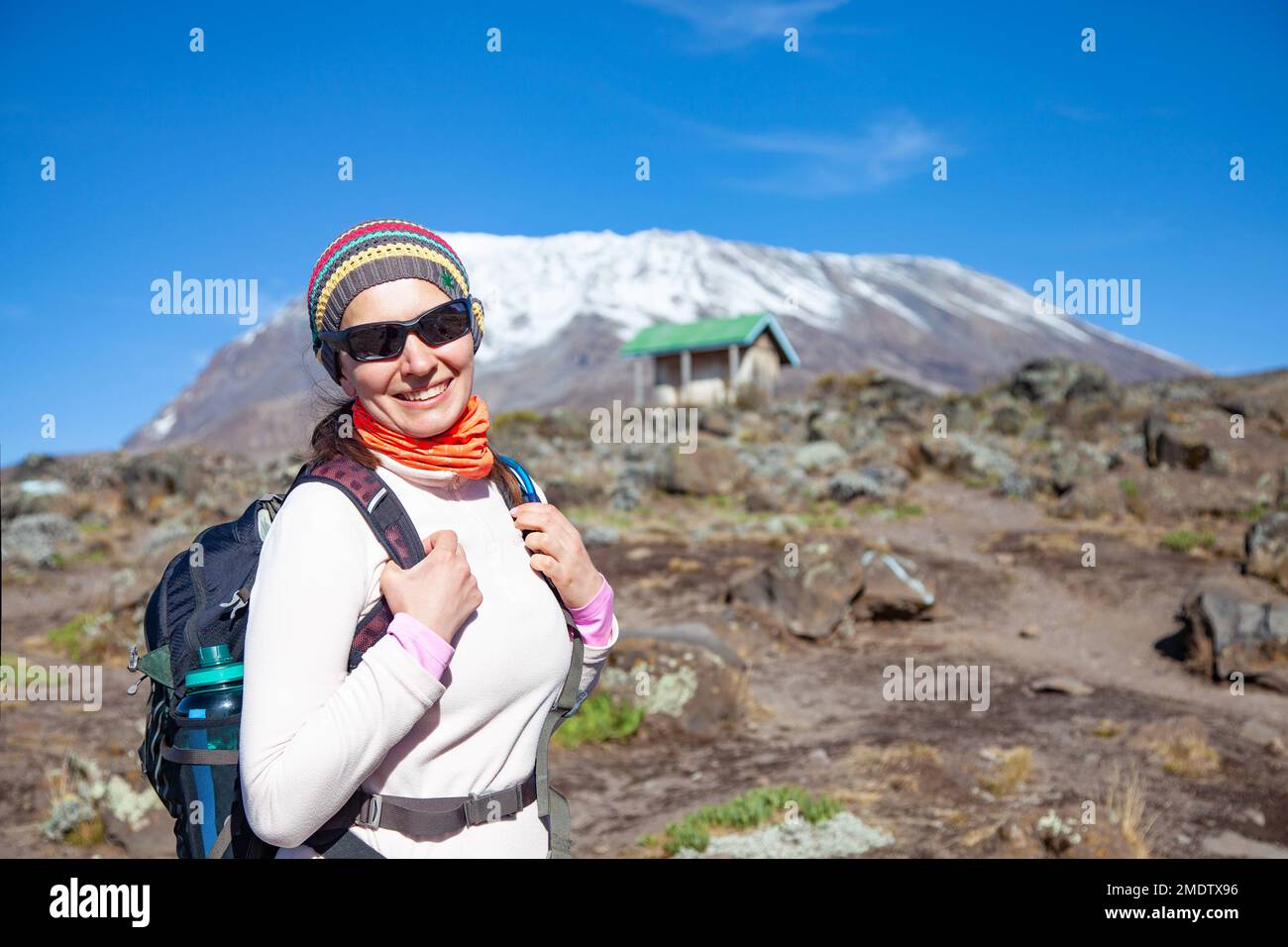 Female backpacker on the trek to Kilimanjaro mountain Stock Photo - Alamy