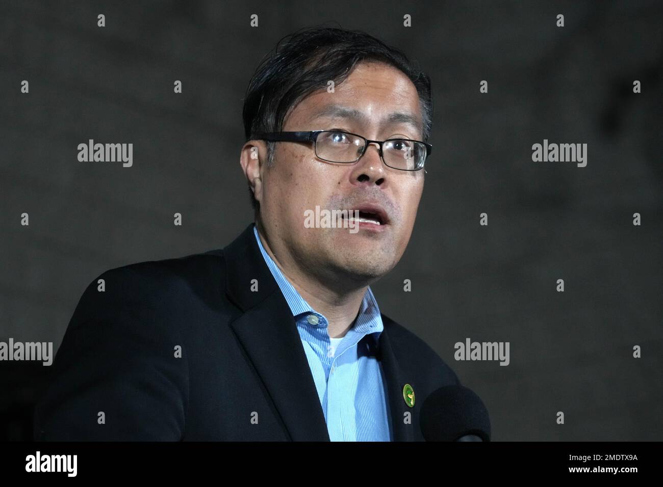 Assemblyman Mike Fong of District 49 speaks to the media outside the ...