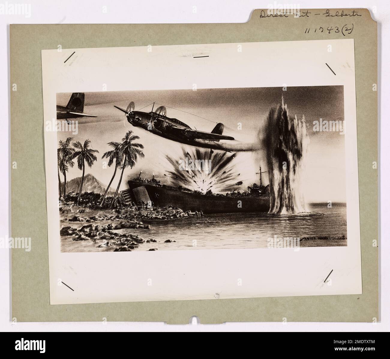 Direct Hit in the Gilberts. This image depicts a charcoal drawing of ...