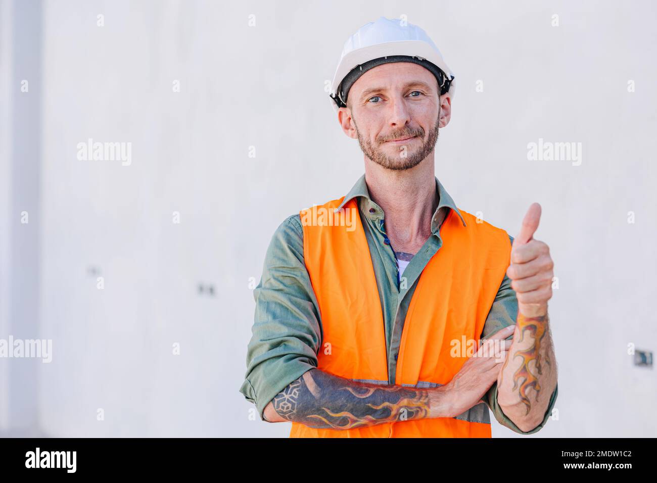 portrait engineer male worker standing smiling hand thumbs up good job ...