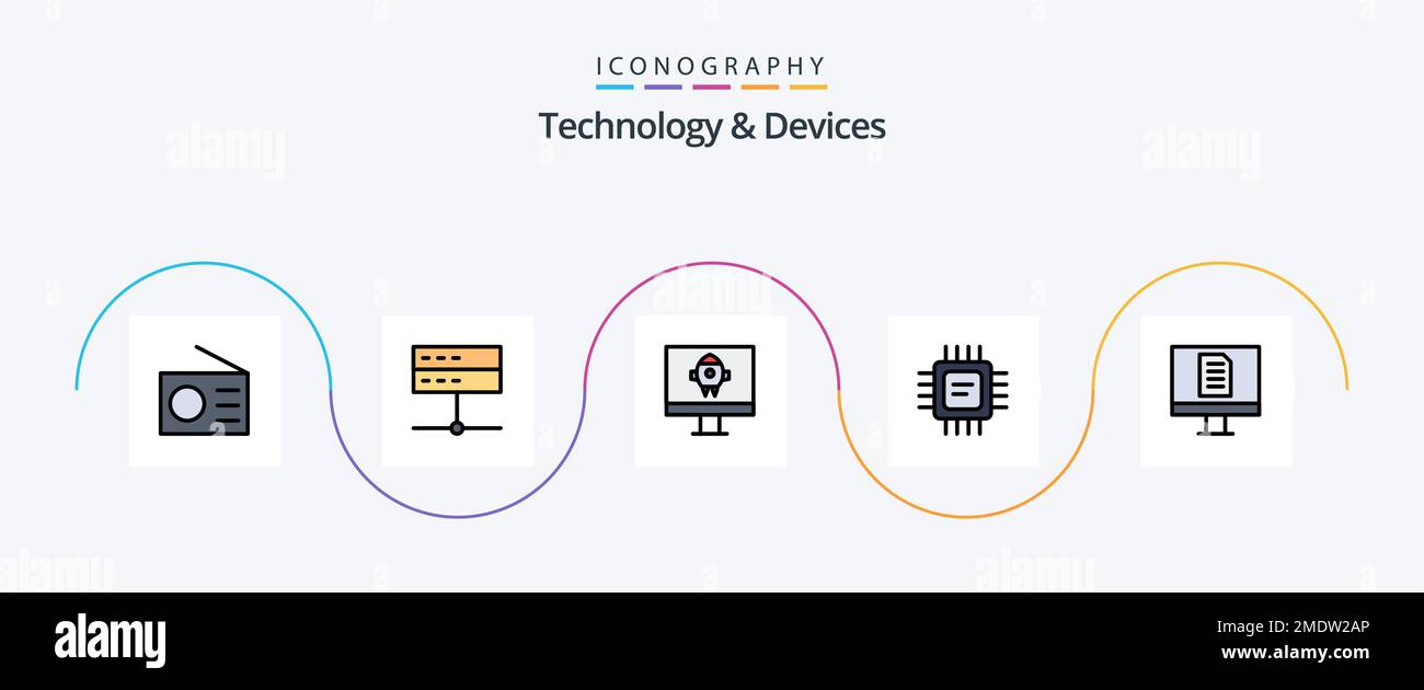 Devices Line Filled Flat 5 Icon Pack Including document. processor ...