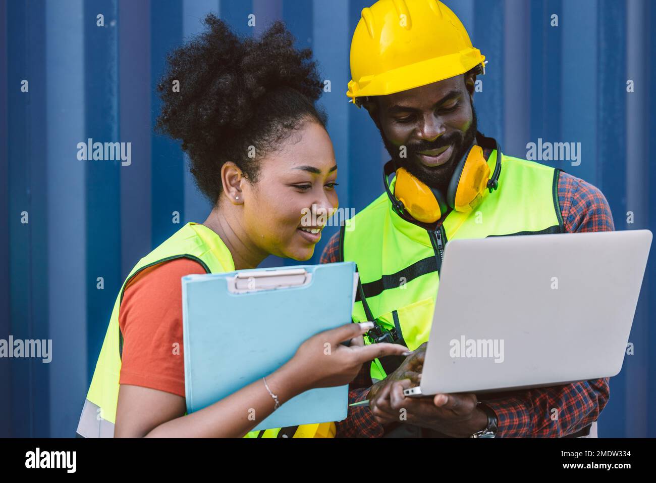 African worker people teamwork happy working together in port cargo ...