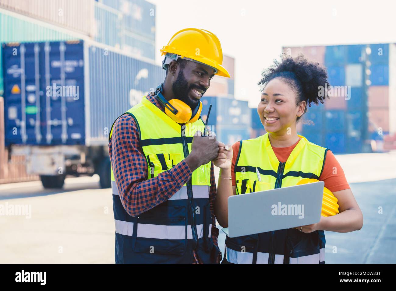 African worker people teamwork happy working together in port cargo ...