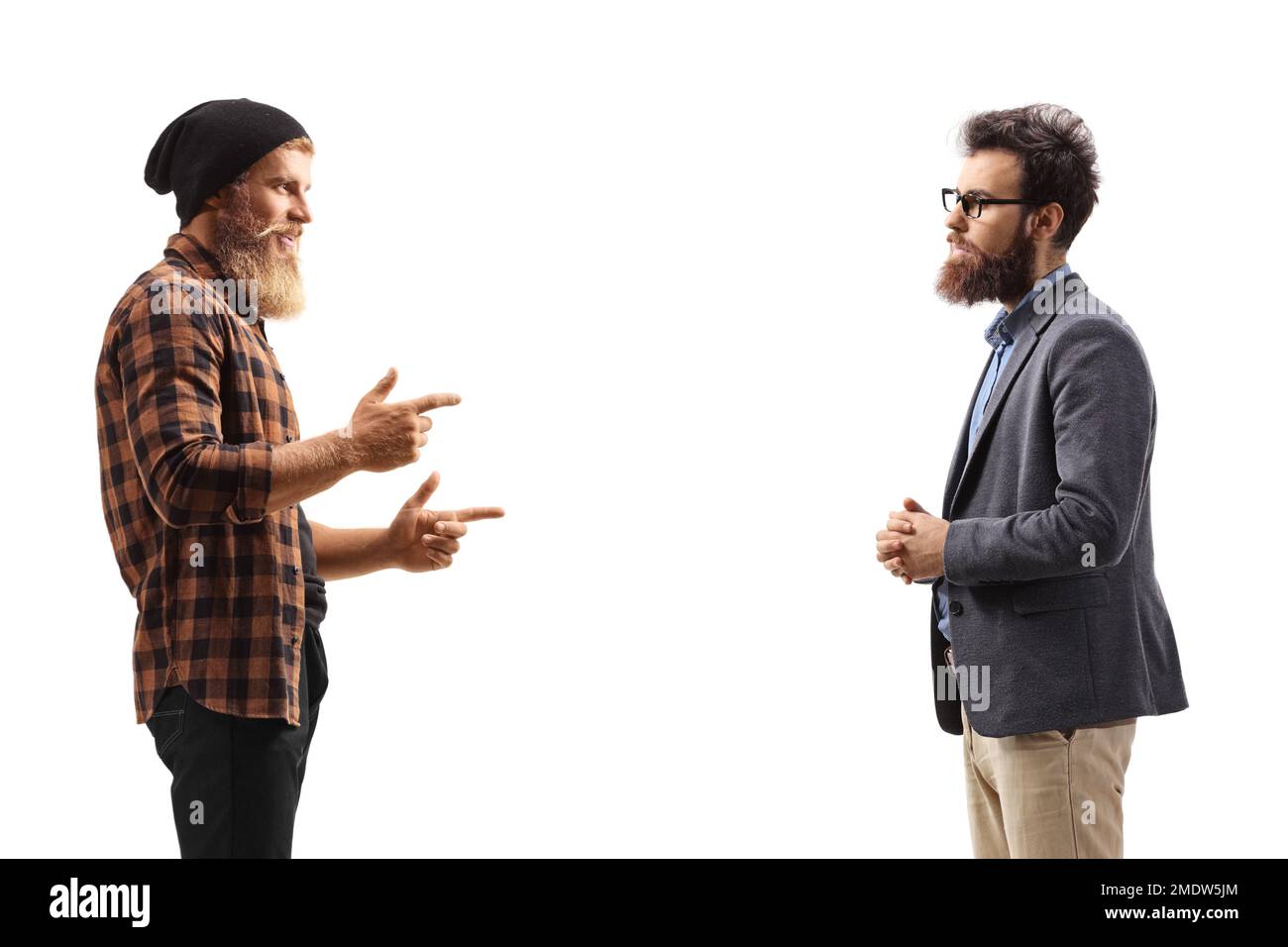 Profile shot of two bearded men standing and talking isolated on white ...
