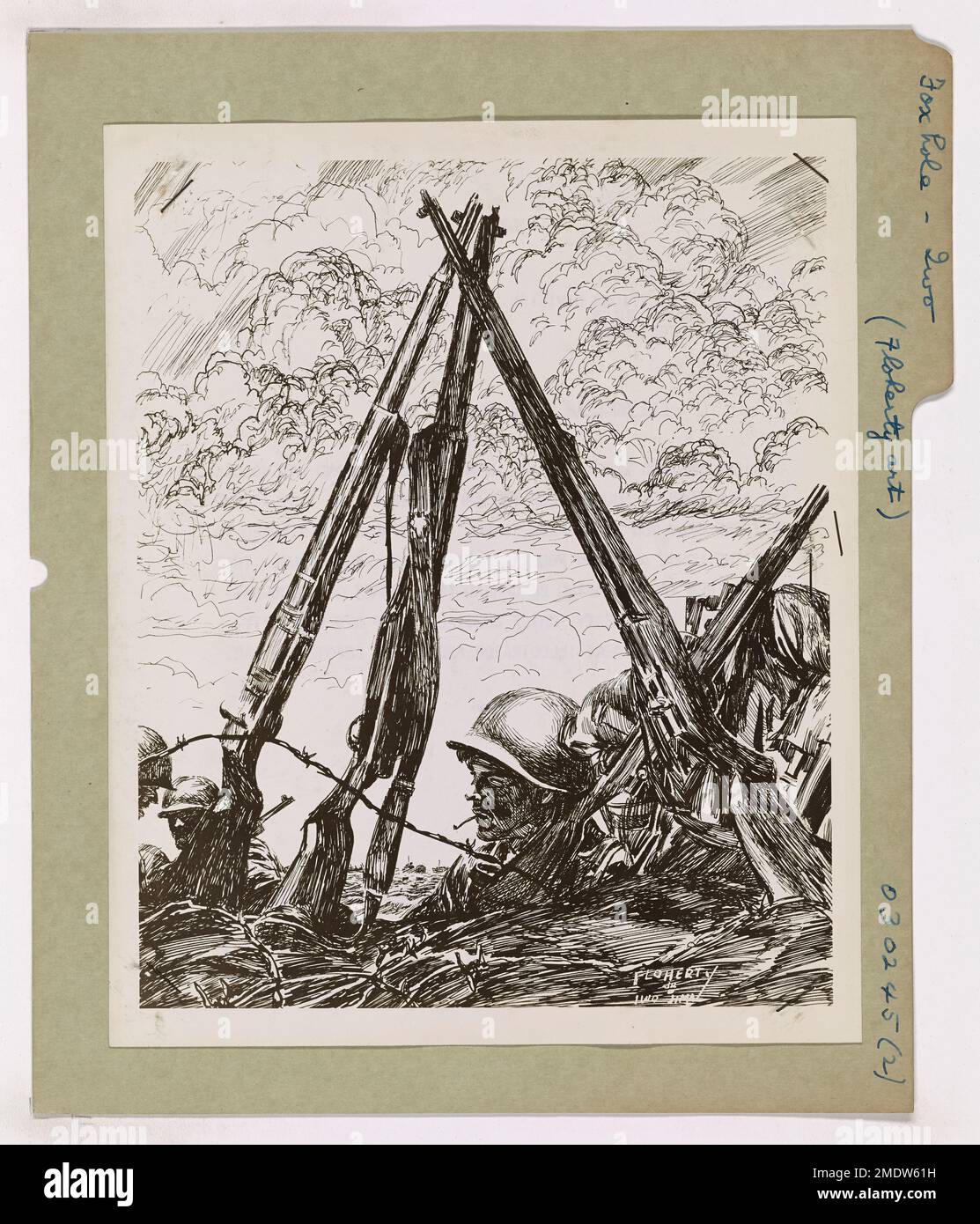 Fox Hole in Iwo's Volcanic Ash. This image depicts artwork of American ...