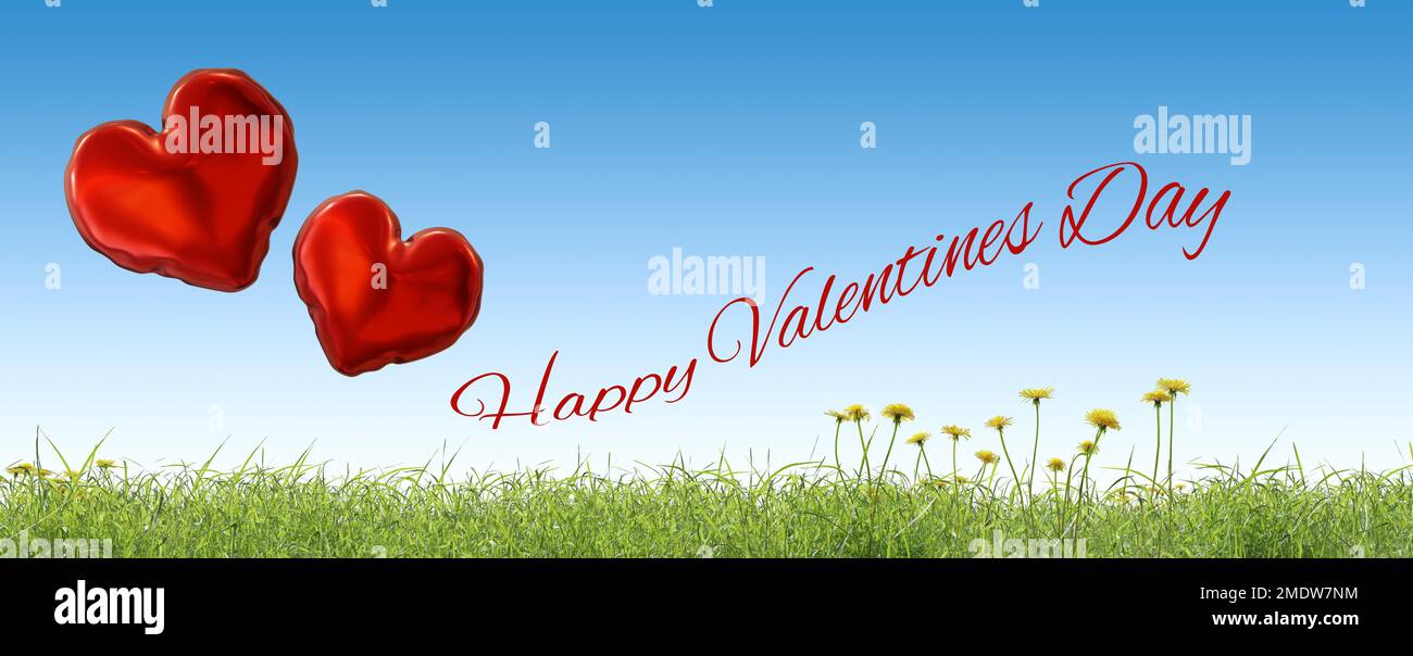 Grassy hill with two red heart shaped balloons on a blue sky, 3d ...