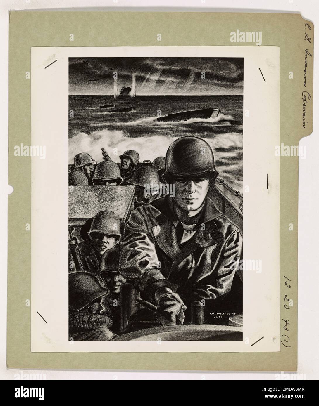 A piece of artwork depicting a Coast Guard-manned landing barge, with ...