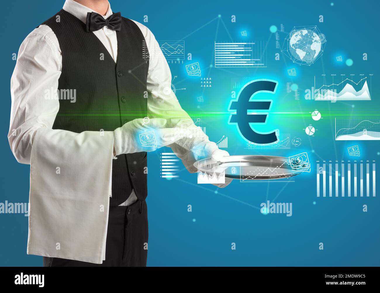 Handsome young waiter in tuxedo holding currency icons on tray Stock ...