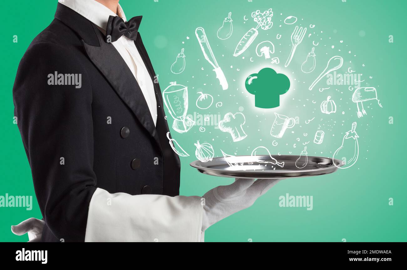 Waiter holding silver tray with food icons above Stock Photo - Alamy