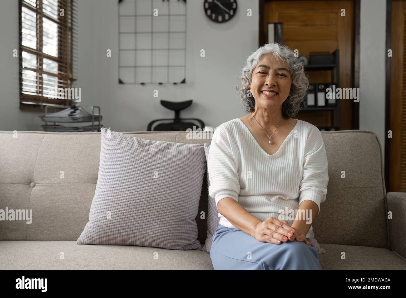 Portrait happy healthy elderly woman sitting on comfortable couch at ...