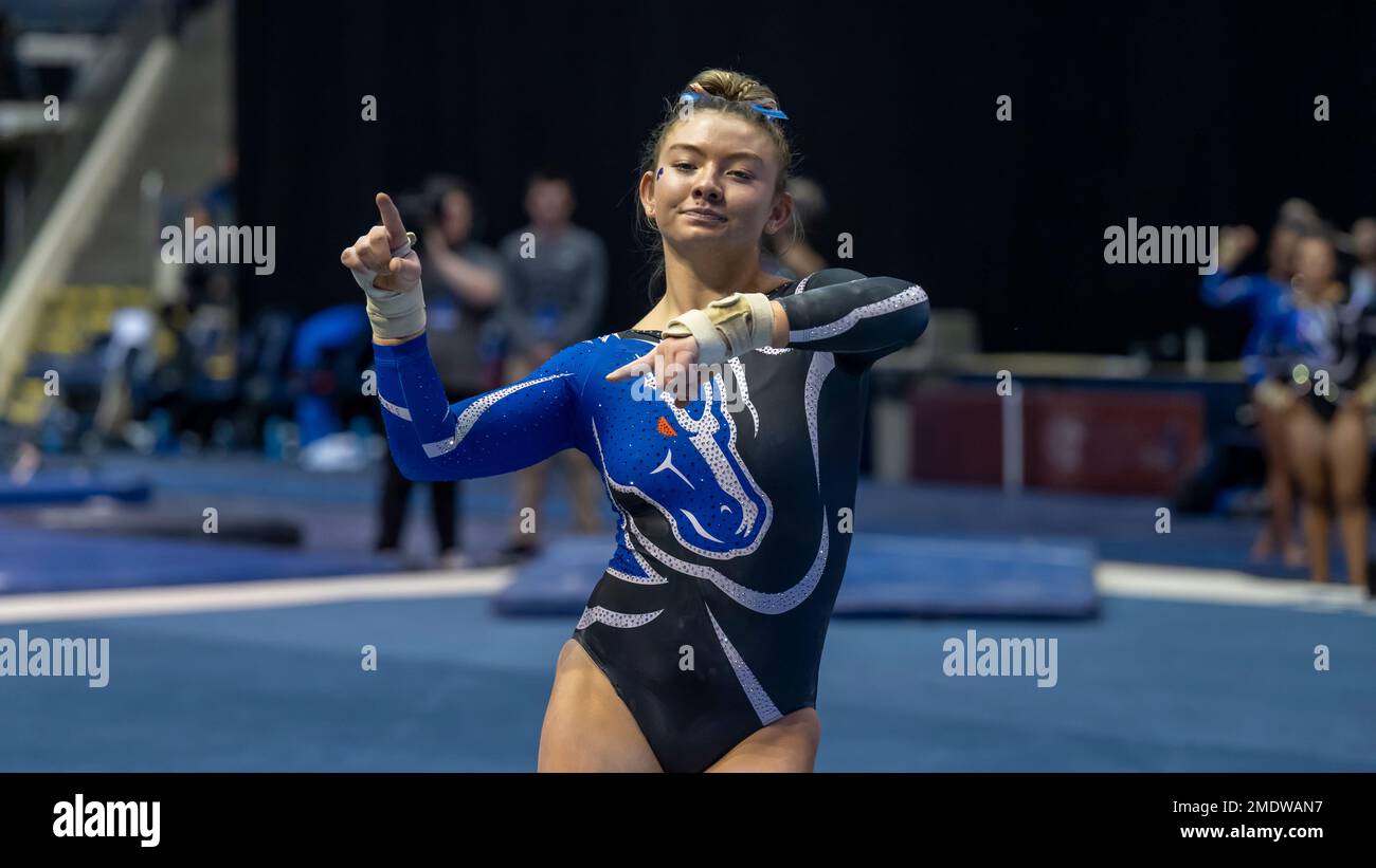 Boise State gymnast Sydney Leitch performs her floor routine during an ...