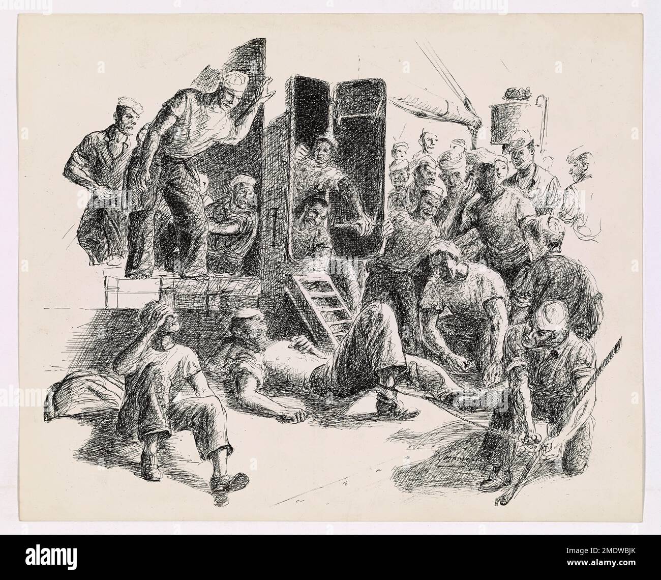 A pen and ink drawing captures the scene of Coast Guardsmen aboard a ...