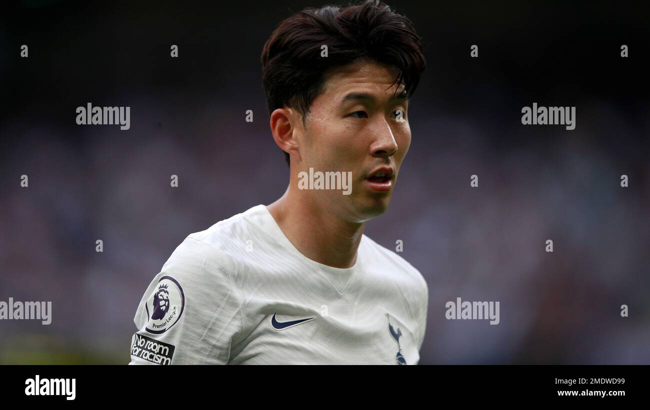 Tottenham's Son Heung-min reacts during the English Premier League soccer match between ...