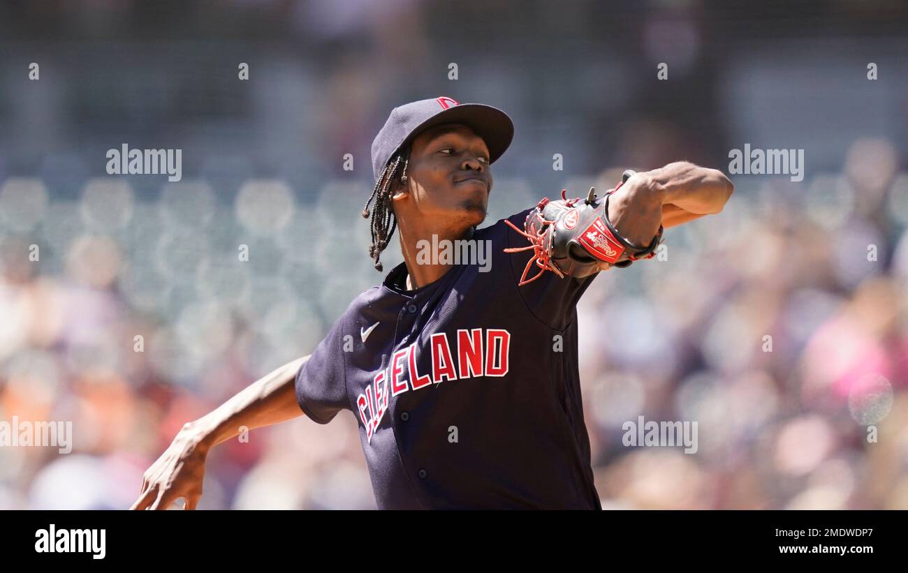 Cleveland Indians starting pitcher Triston McKenzie plays during a ...