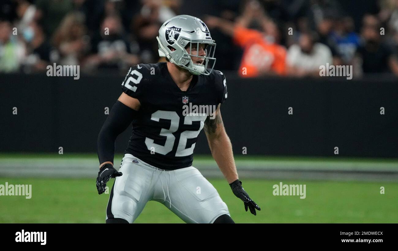 Las Vegas Raiders defensive back Dallin Leavitt (32) during the first ...