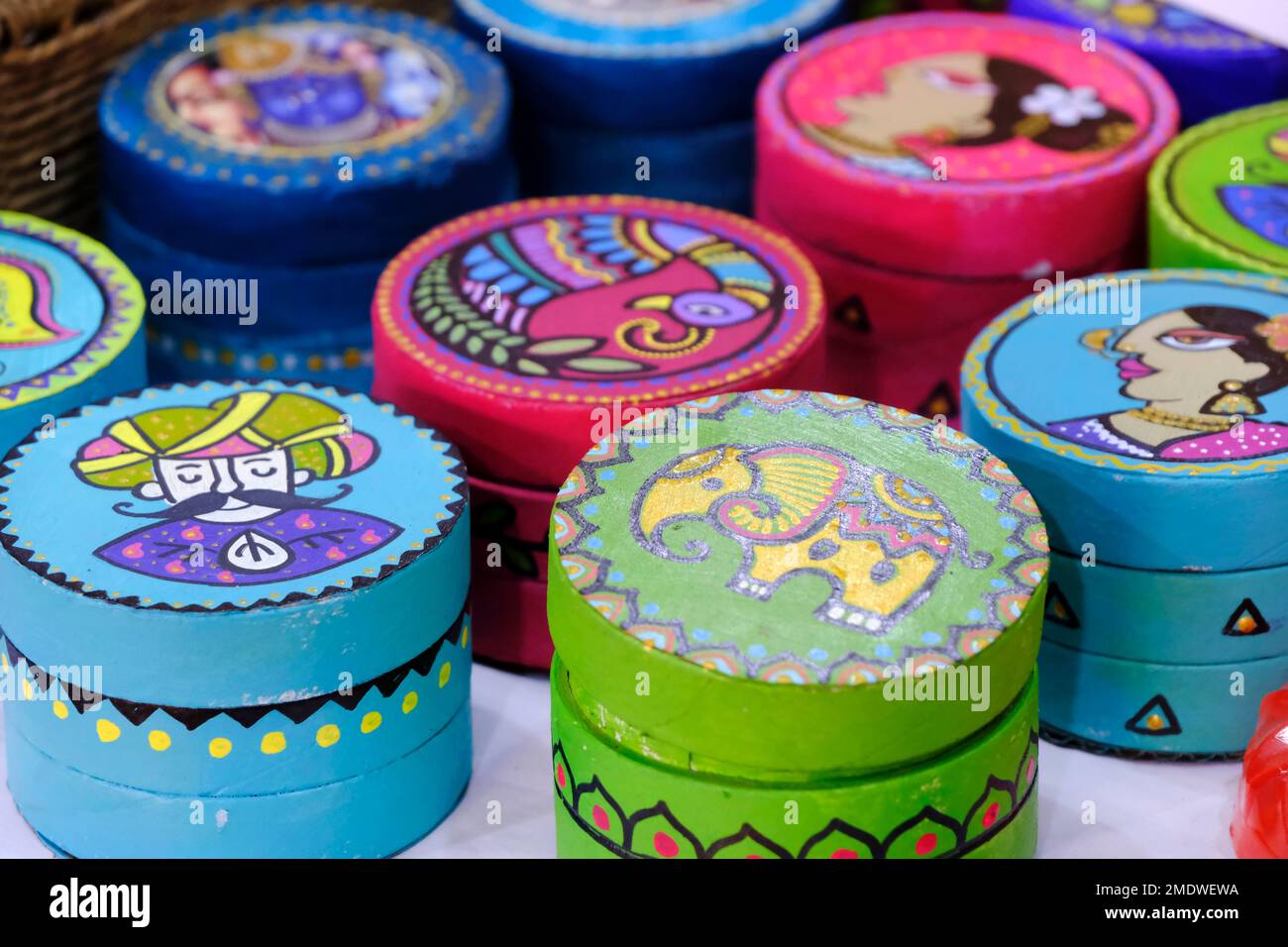 Pune, India, Handicraft items with selective focus, textile and wooden ...