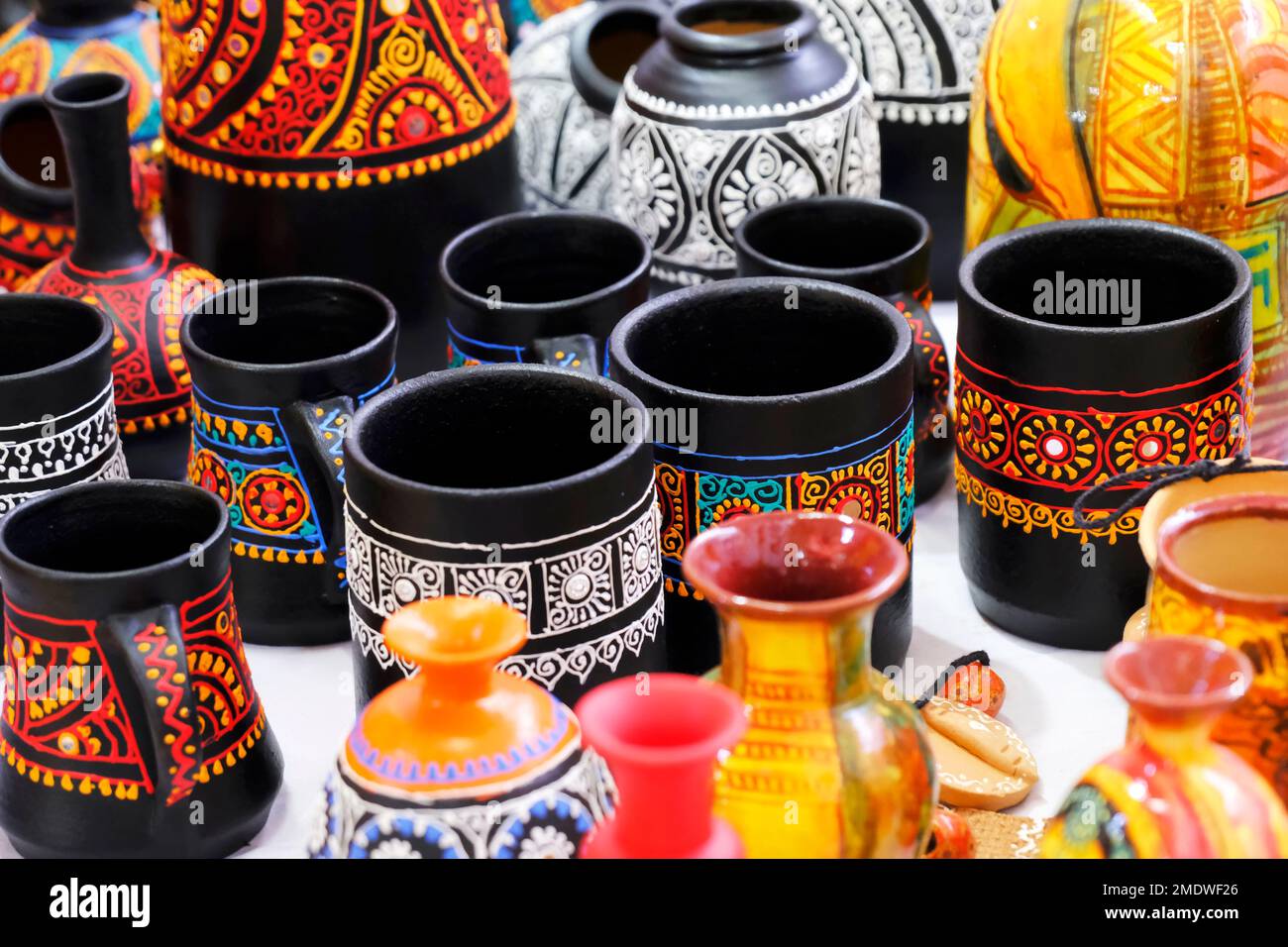 Pune, India, Handicraft items with selective focus, textile and wooden ...