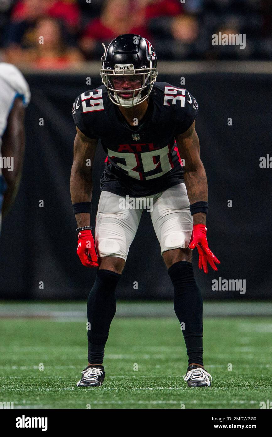 Atlanta Falcons defensive back T.J. Green (39) lines up during the ...
