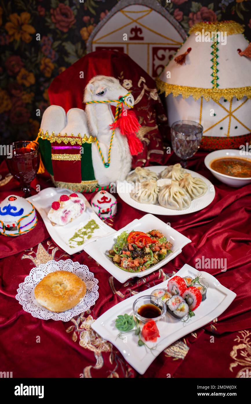 Traditional Kazakh cuisine. view from above. a family table of ...