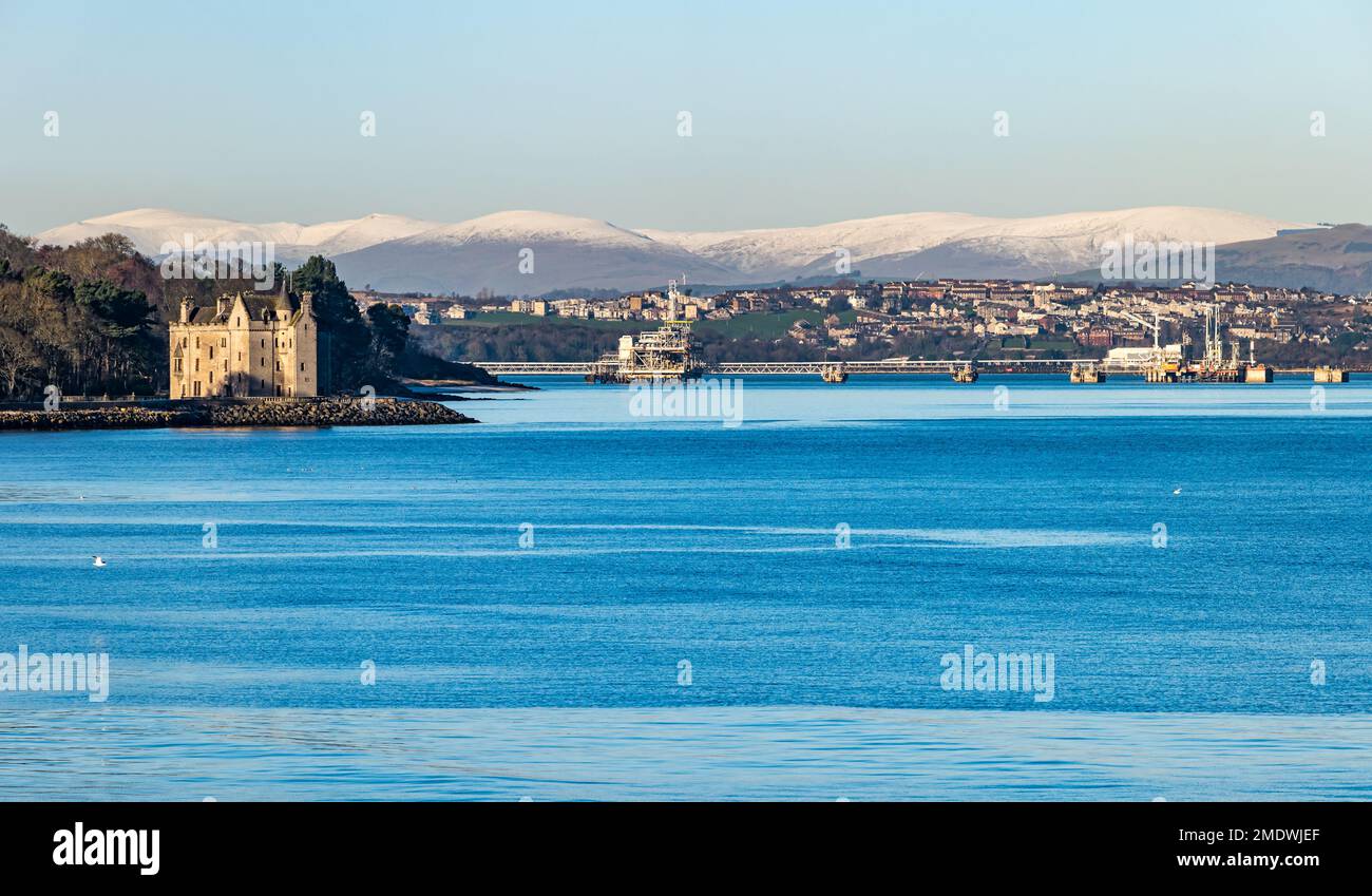 Barnbougle Castle on Dalmeny Estate on the shore with Hound Point ...