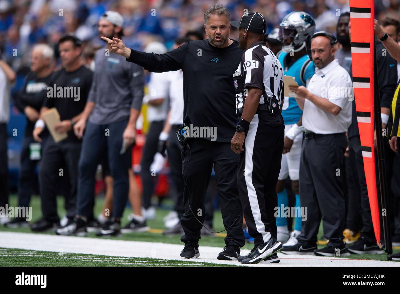 Carolina Panthers head coach Matt Rhule talks to NFL line judge Carl ...