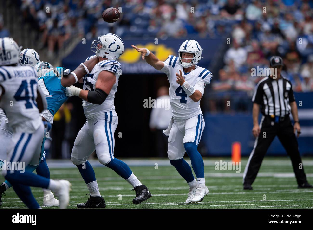 Indianapolis Colts quarterback Sam Ehlinger (4) throws downfield during ...