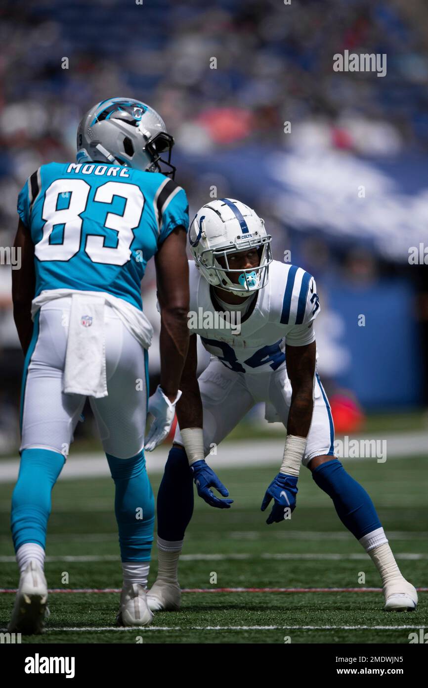 Indianapolis Colts cornerback Isaiah Rodgers (34) lines up against ...