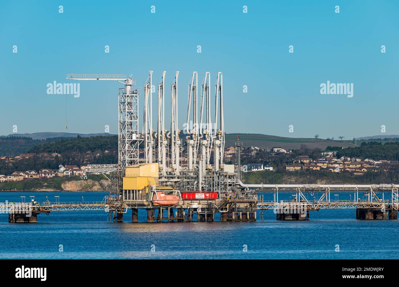 Hound Point marine terminal jetty in Firth of Forth on sunny day with ...