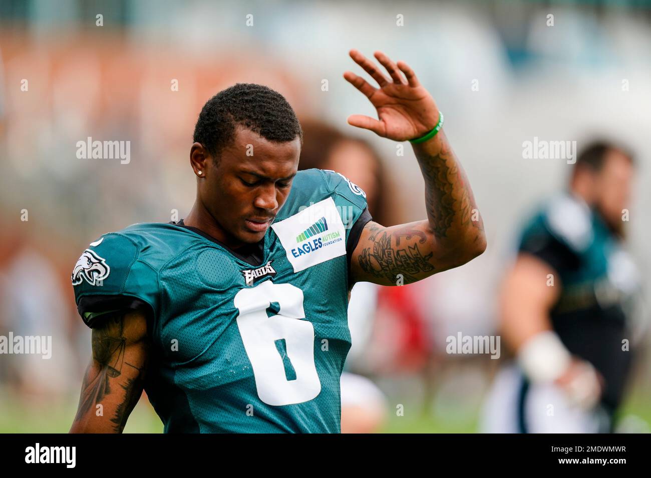 Philadelphia Eagles wide receiver DeVonta Smith warms up during a joint ...