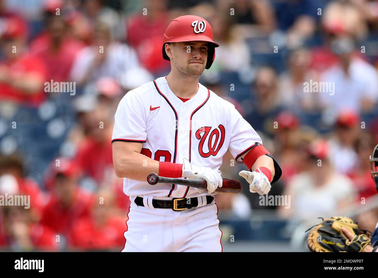 Washington Nationals' Lane Thomas at bat during a baseball game against ...