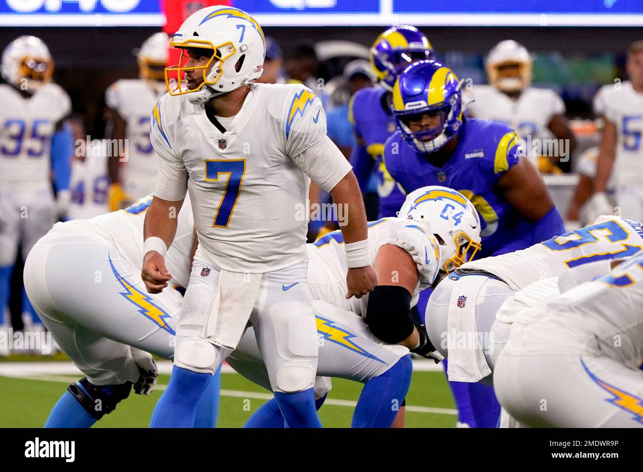 Los Angeles Chargers quarterback Chase Daniel (7) calls out to his team ...