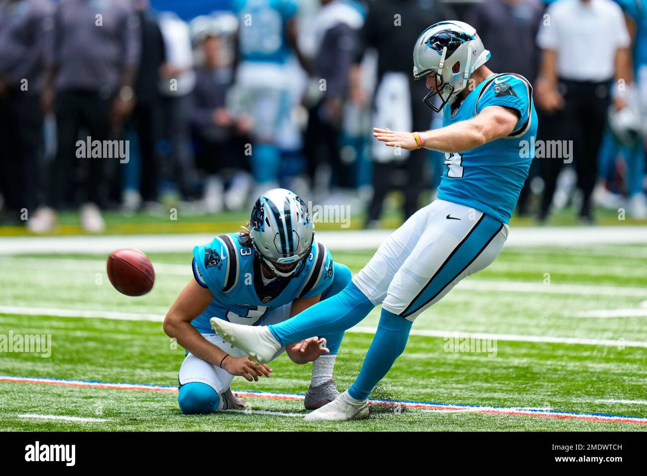 Carolina Panthers kicker Joey Slye (4) kicks a field goal from the hold ...