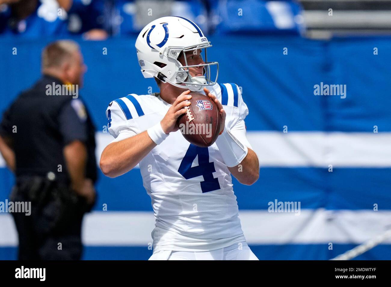 Indianapolis Colts quarterback Sam Ehlinger (4) throws before an NFL ...