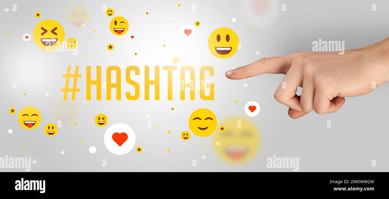 Close-Up of cropped hand pointing at social media concept concept Stock ...