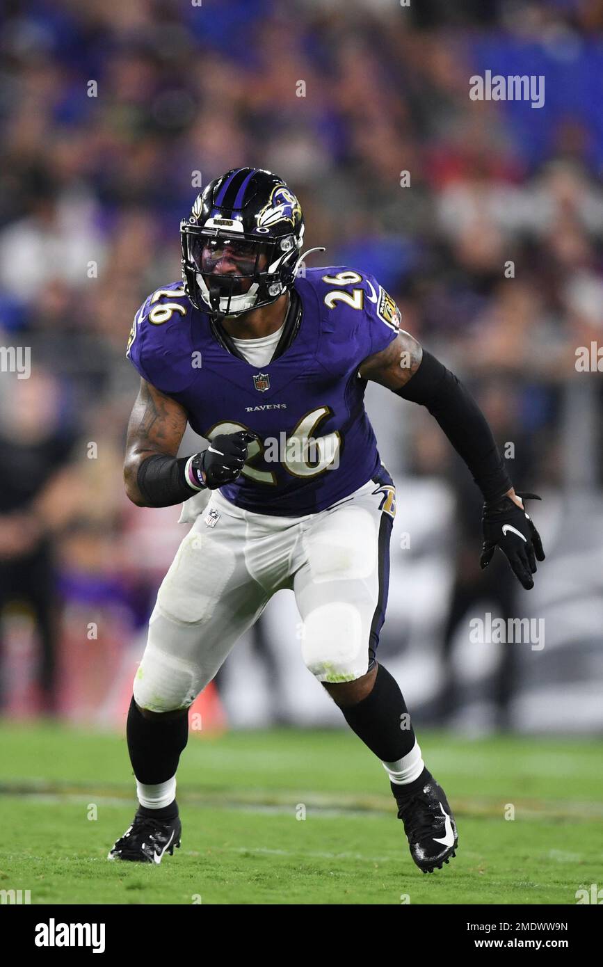 Baltimore Ravens safety Geno Stone (26) in action during the third ...