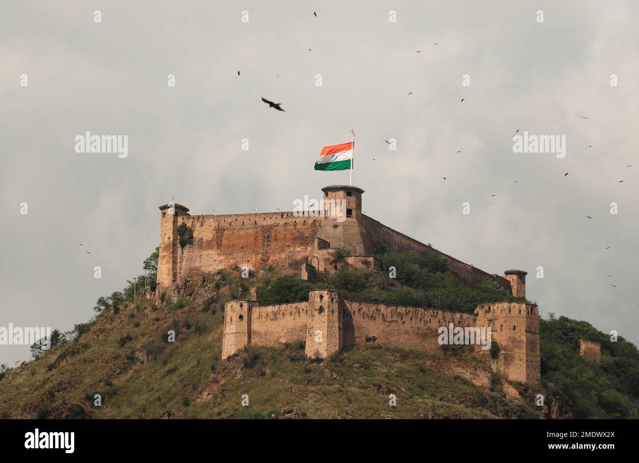 A giant Indian national flag flies over the historic Hari Parbat fort ...