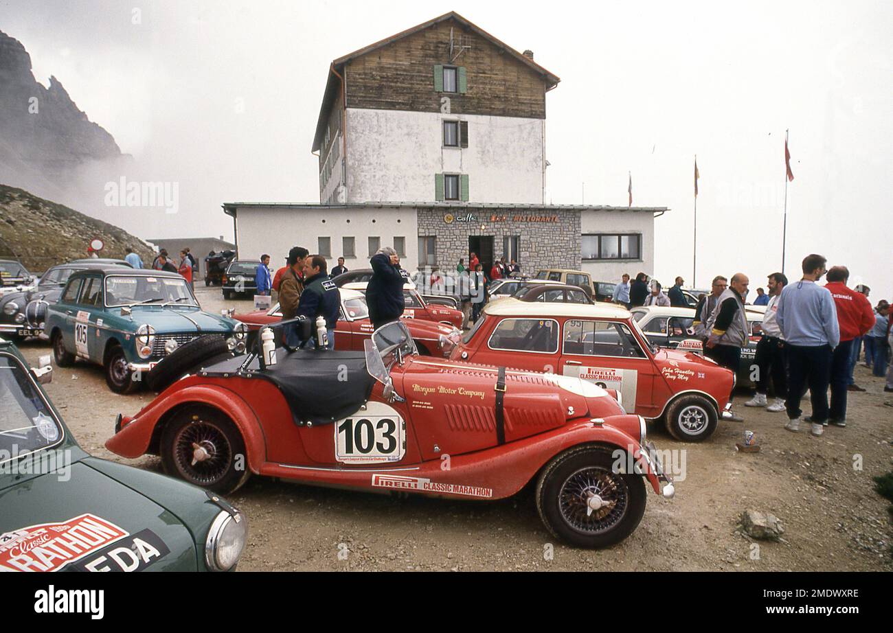 Cars at the top of the Stelvio Pass on the 1990 Pirelli Classic ...