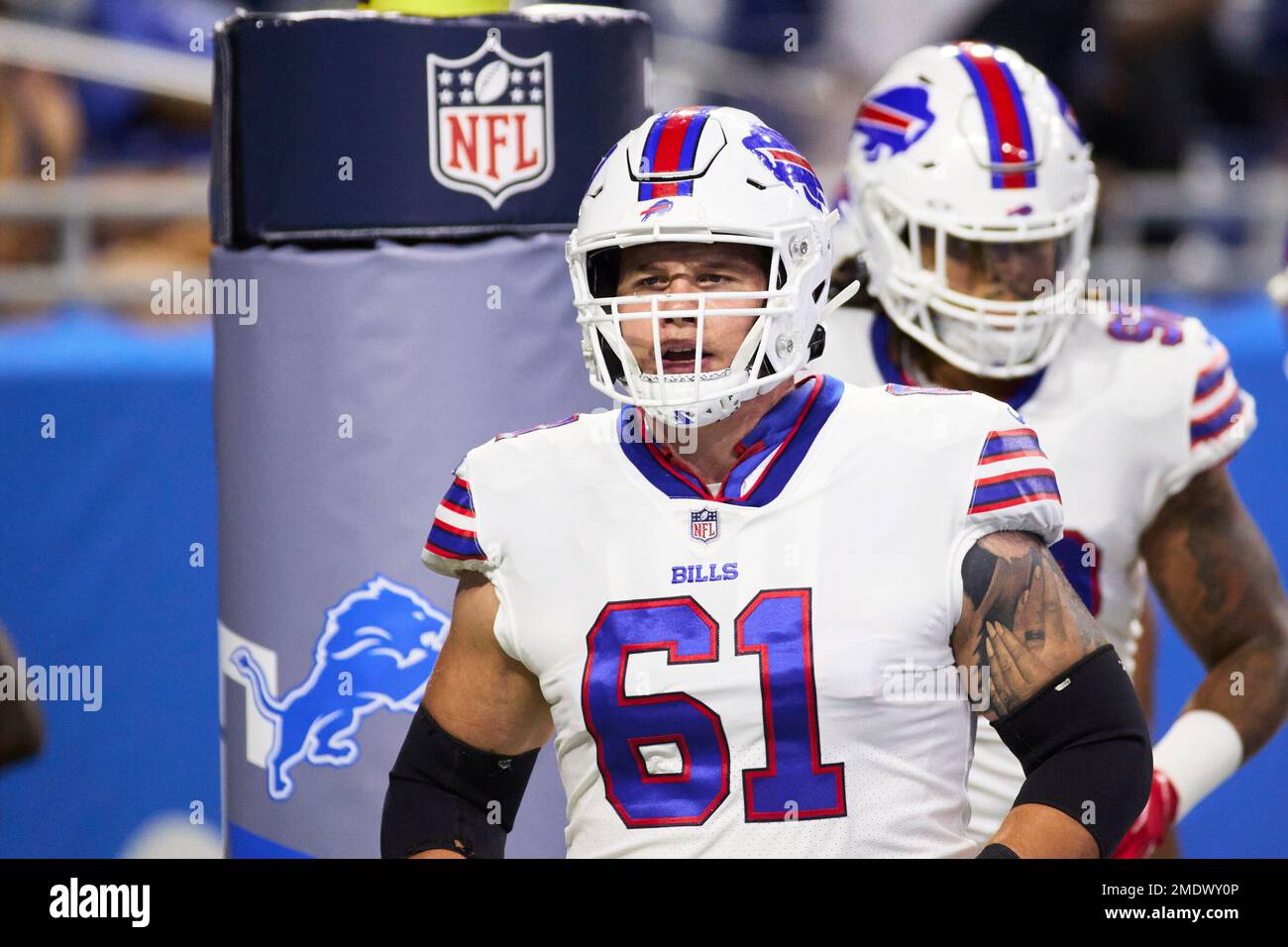 Buffalo Bills defensive tackle Justin Zimmer (61) warms up against the ...