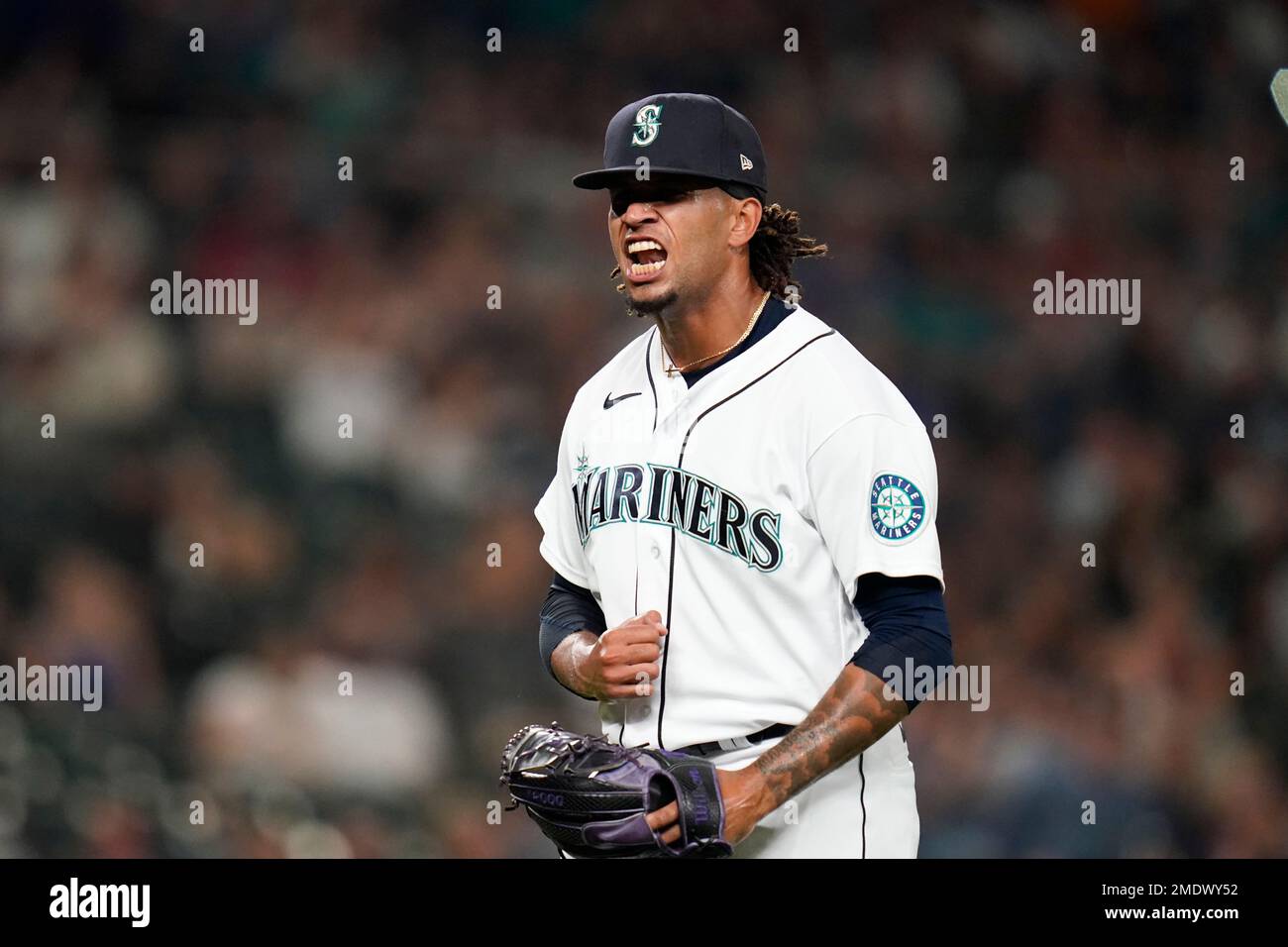 Seattle Mariners relief pitcher Keynan Middleton reacts after striking ...