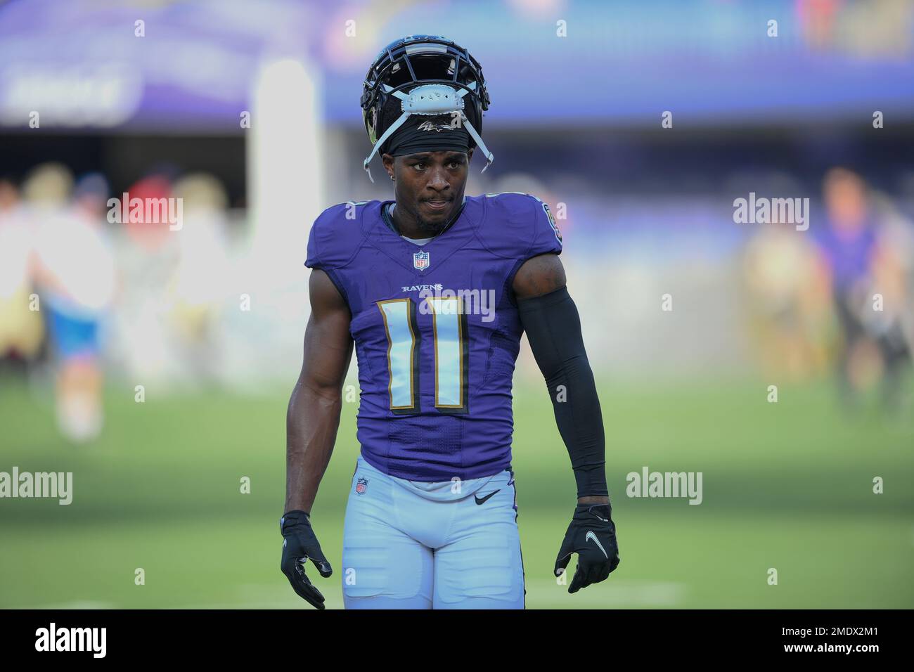Baltimore Ravens wide receiver James Proche looks on while working out ...